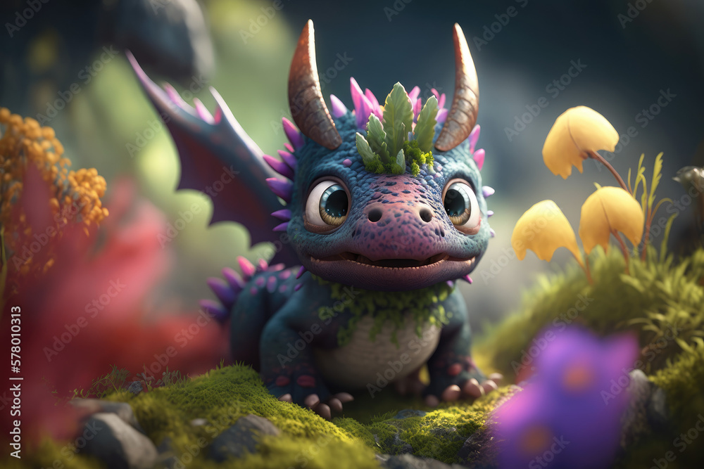 Cute realistic dragon portrait on a blooming background and natural ...