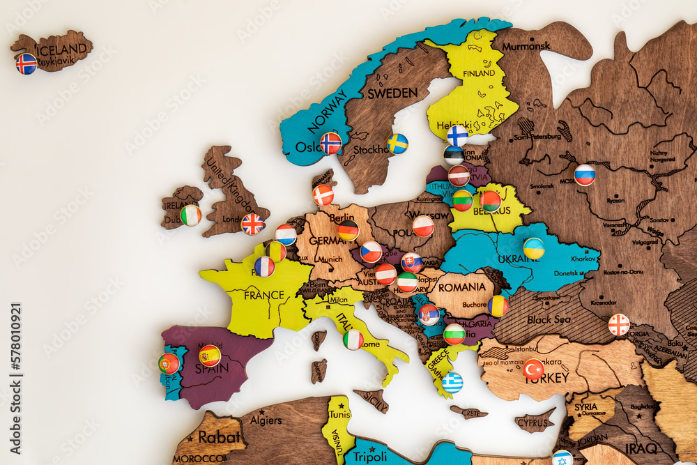 map of europe with flags, lots of round metal buttons with different ...