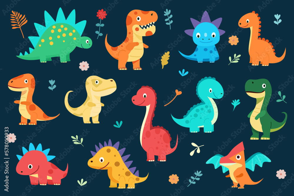 Cute dinosaurs set. Vector flat cartoon illustration. Doodle nursery ...