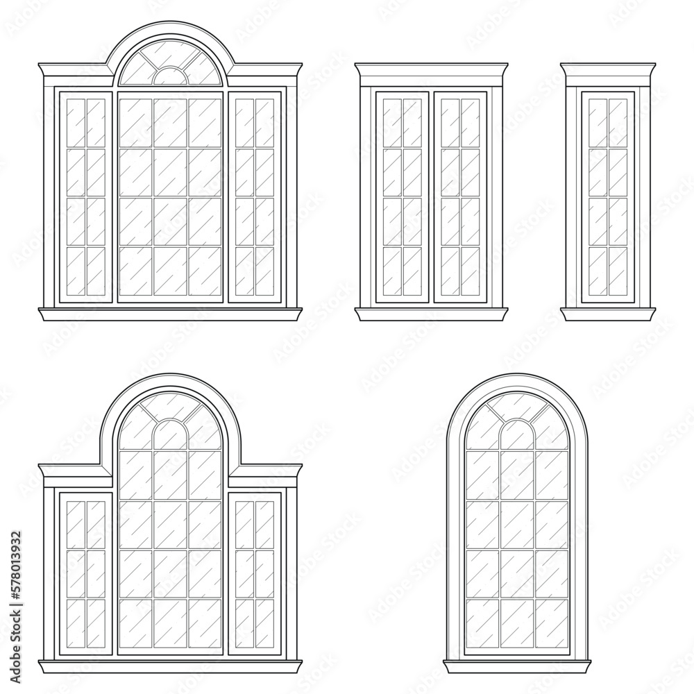 Classic windows set graphic black white isolated sketch illustration ...