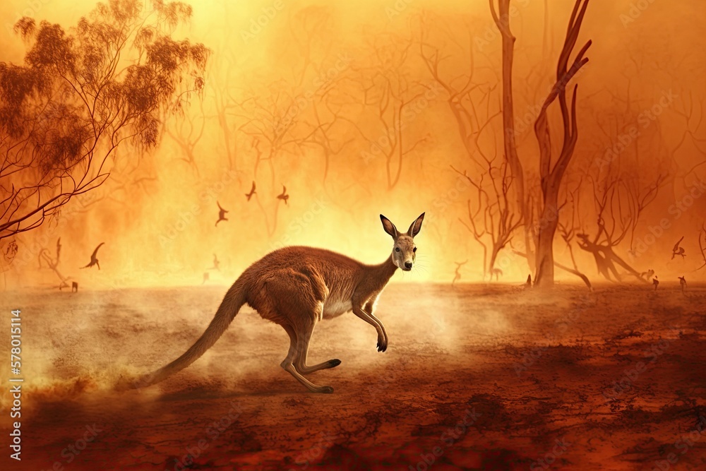 Australian kangaroo in the midst of a bushfire, with the backdrop of ...