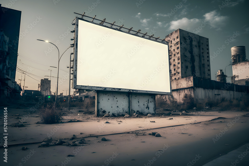 blank billboard mockup for advertisement in post apocalyptic city ...