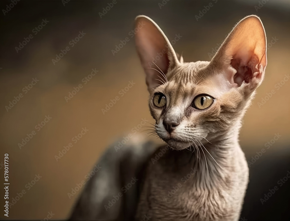 Funny Devon Rex kitten is looking what is going on. Cat portrait with ...