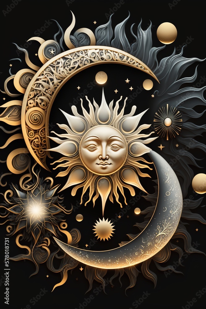 Gold silver moon and sun over dark background. Generative AI vertical ...