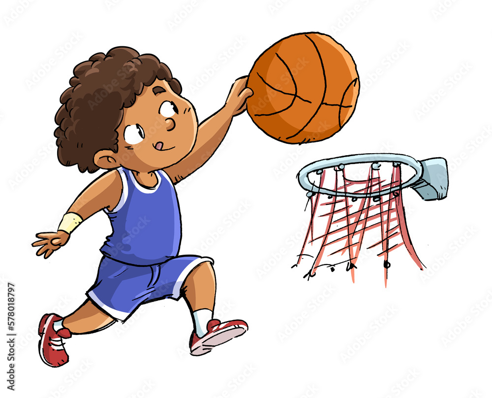 Ilustración de un niño afroamericano encestando una pelota de ...