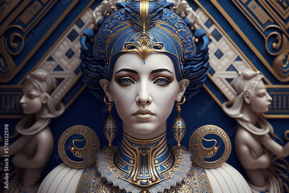 Mythological god Isis made mof azulejos white and blue, created with ...