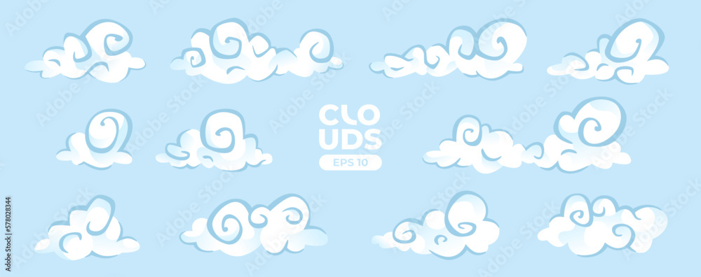 Clouds set isolated on a blue background. Greek culture. Signs and ...