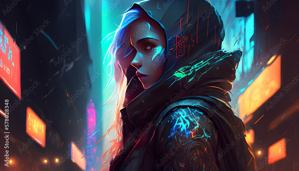 Girl in the night, digital art, artwork, cyber, cyberpunk, neon, lights ...