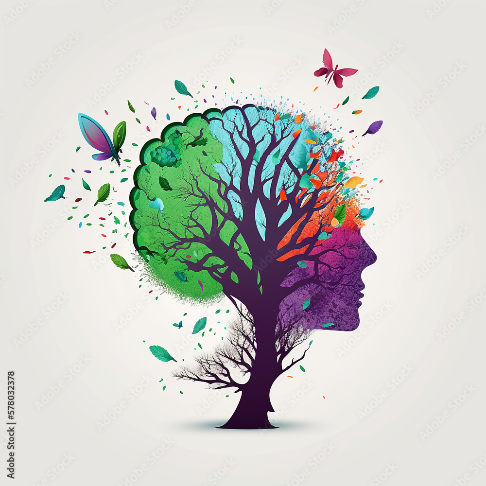 mental health awareness design including a tree butterflies and a human ...