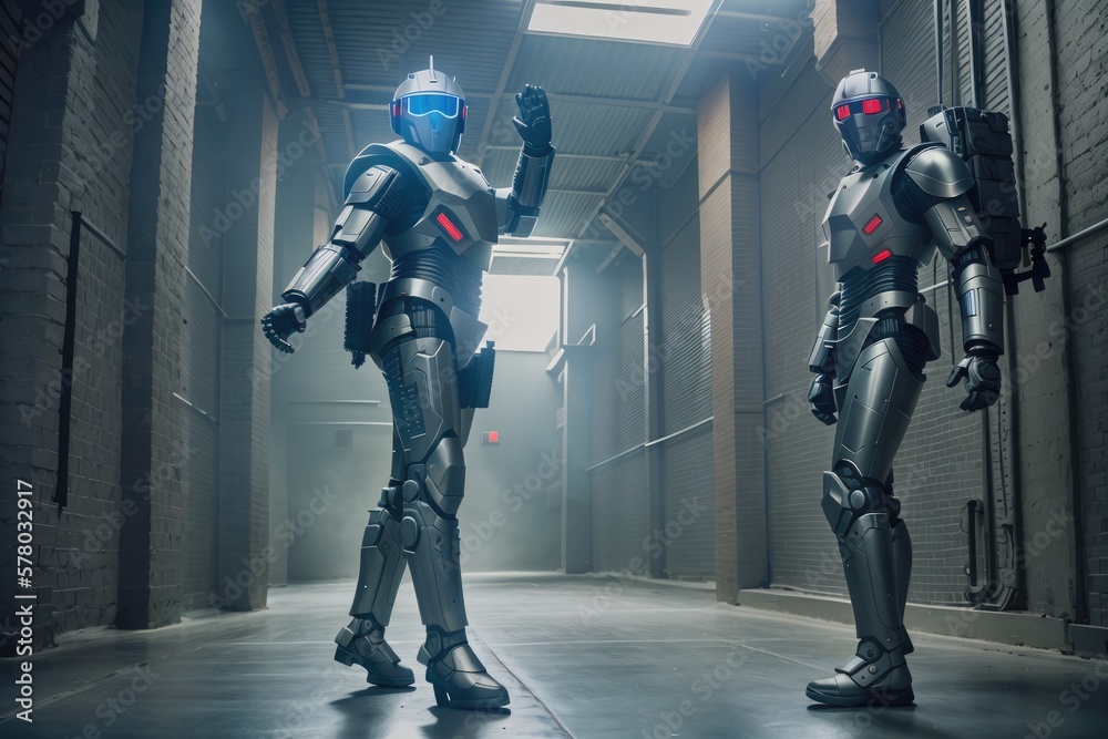 Two robots standing next to each other in front of a window against the ...