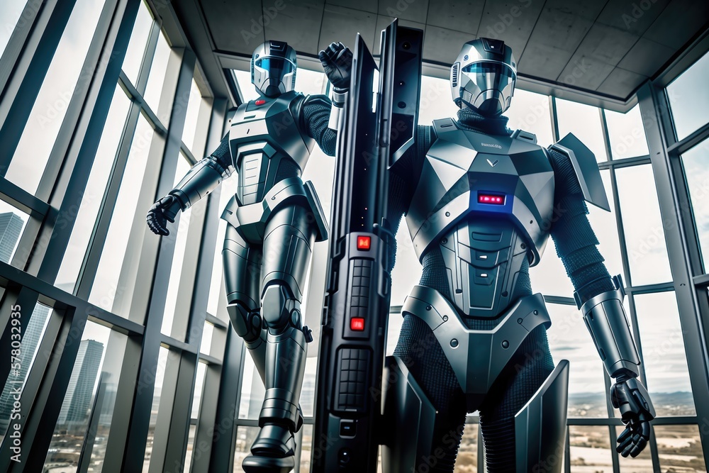 Two robots standing next to each other in front of a window against the ...