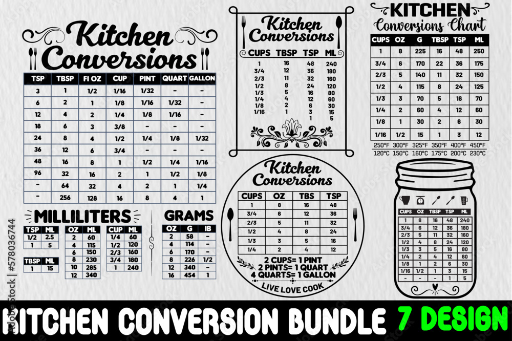 Kitchen Conversions Chart SVG Bundle Stock Vector | Adobe Stock
