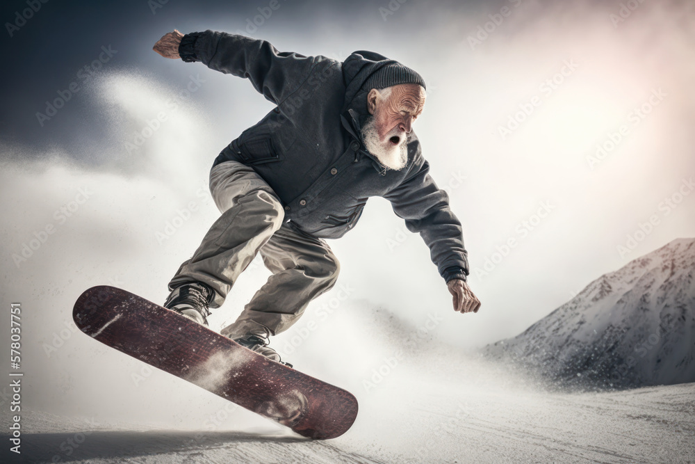Old man enjoying snowboarding, Generative AI Stock Illustration | Adobe ...