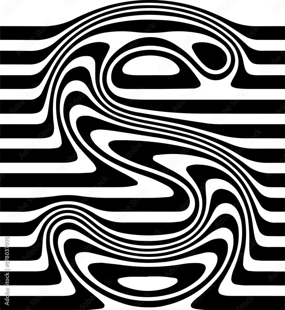 Liquified letter S, 3d striped sign, optical illusion font for opart ...