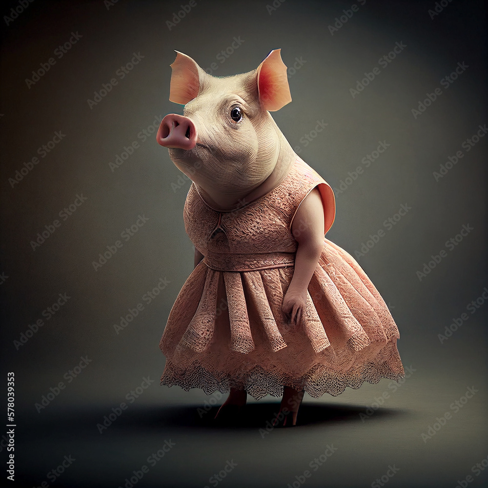 Realistic lifelike glam pig piggy piglet hog in black tie cocktail ...