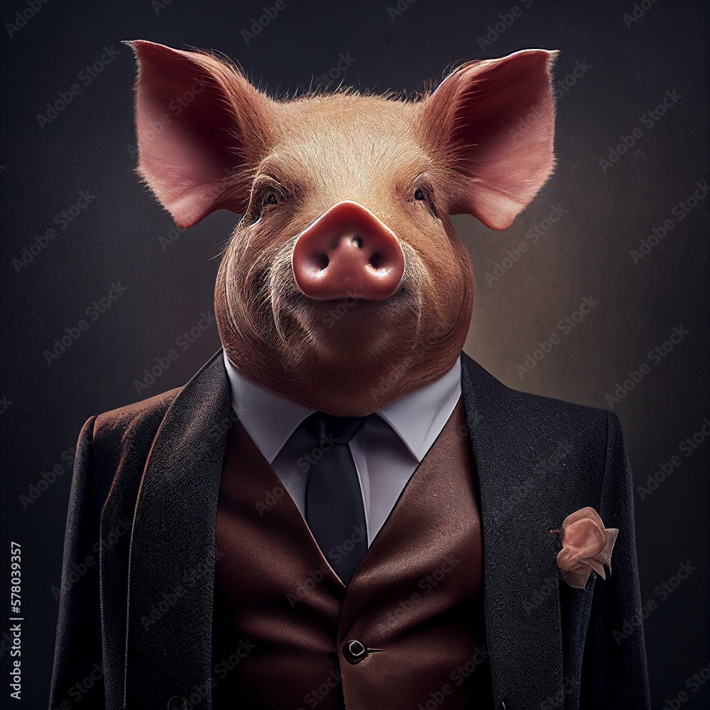 Realistic lifelike glam pig piggy piglet hog in black tie cocktail ...
