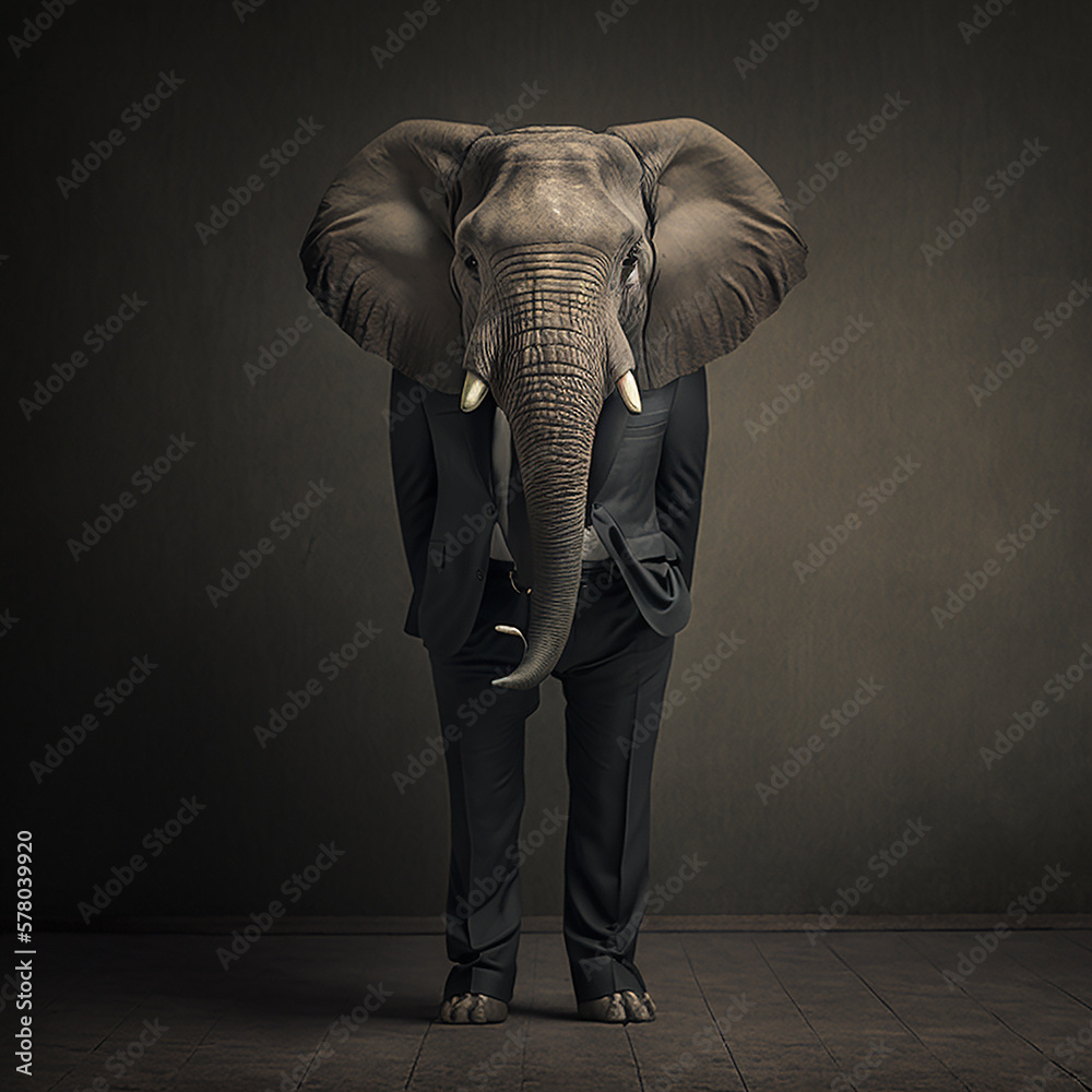Realistic lifelike glam elephant mammoth in black tie cocktail dress ...