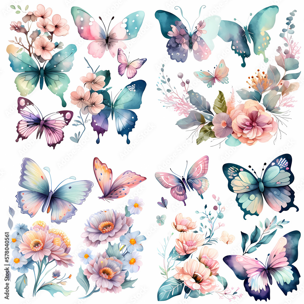 Clip art butterflies and flowers. Generative AI. Stock Illustration ...