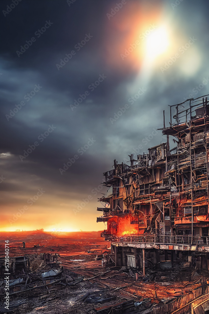 Bad inclement weather at sunset, apocalyptic architecture, a group of ...