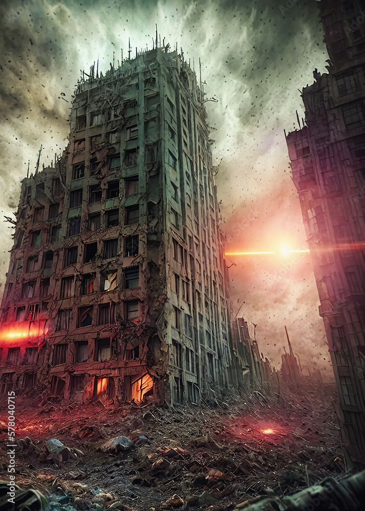 Bad inclement weather at sunset, apocalyptic architecture, a group of ...