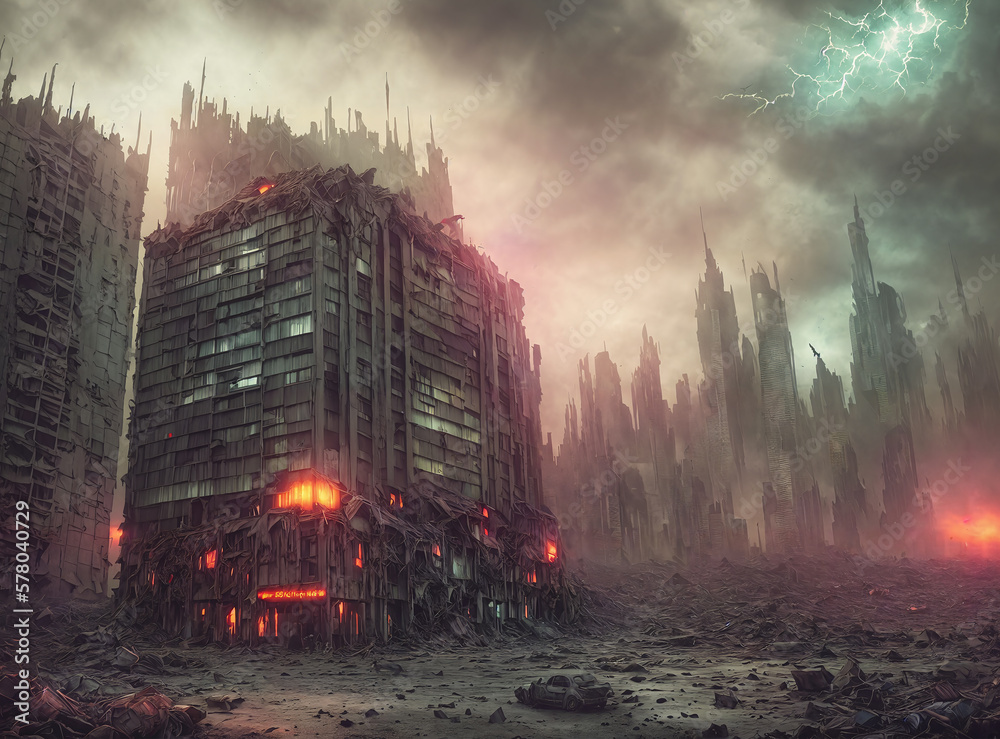 Bad inclement weather at sunset, apocalyptic architecture, a group of ...