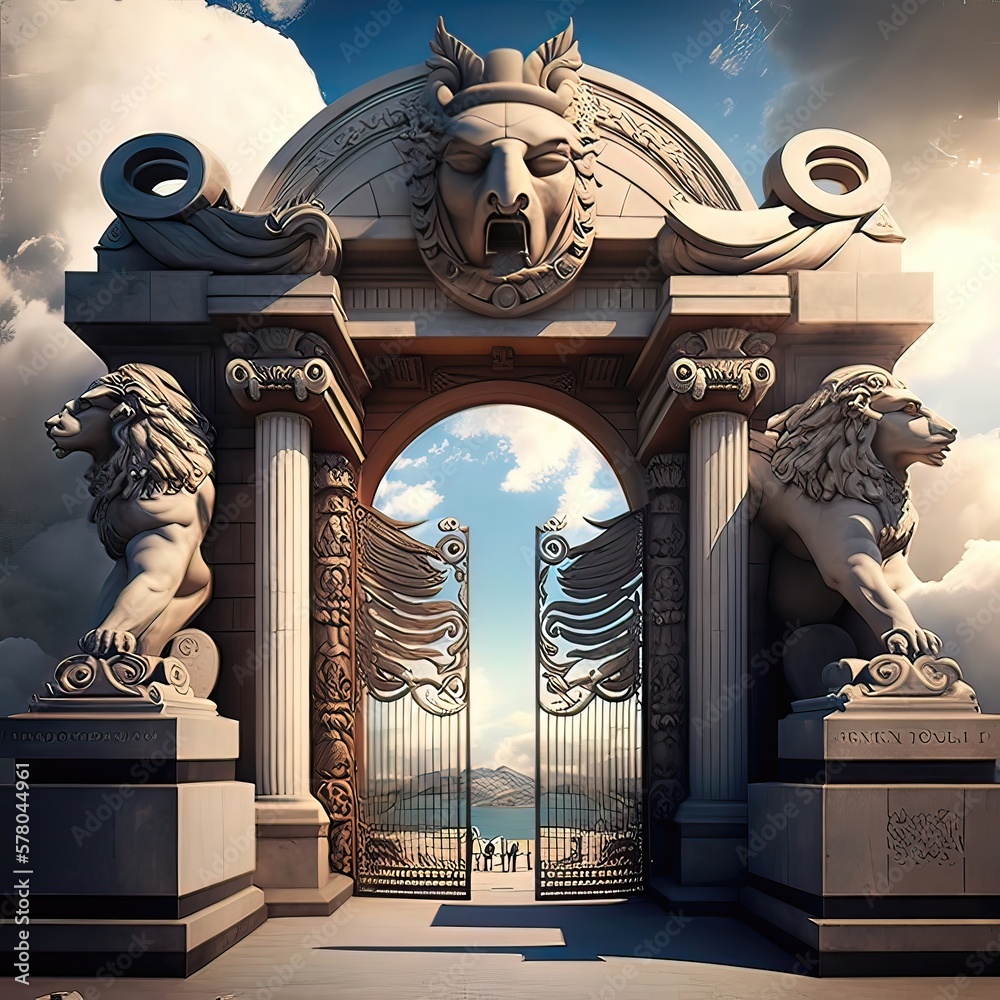 Greek gate with iron wings leads to the olympus. greek gate with iron ...