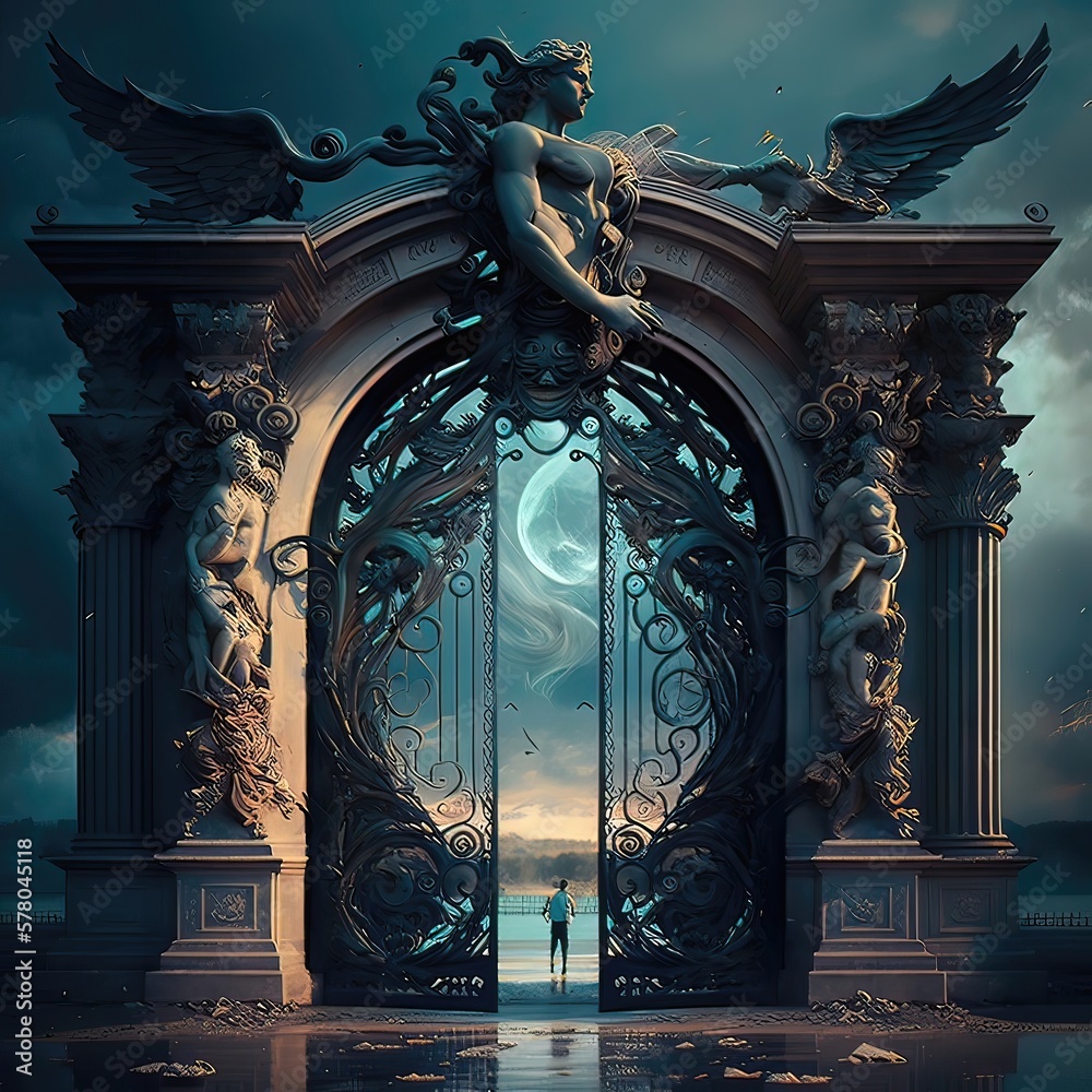 Greek gate with iron wings leads to the olympus. greek gate with iron ...