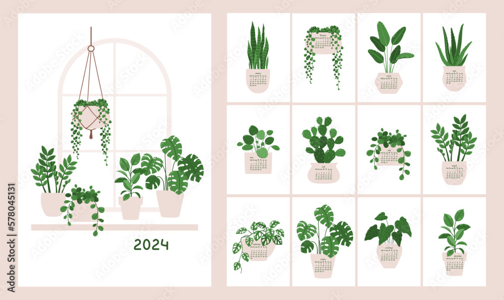 Vector calendar for 2024 with illustrations of houseplants in pots ...