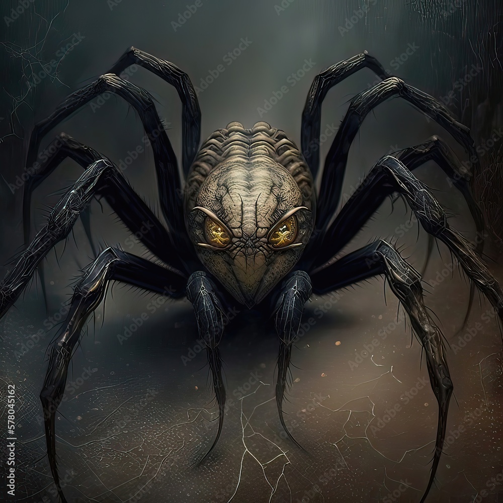 Black scary spider closed up on a dark background. Poisonous scary ...