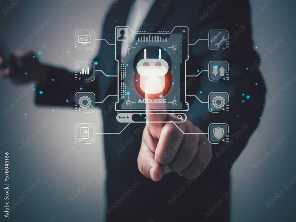 Man using finger touch viraul screen Chat bot Chat with AI, Artificial ...