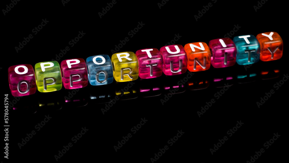 word "opportunity" written in colorful cubes isolated on dark ...