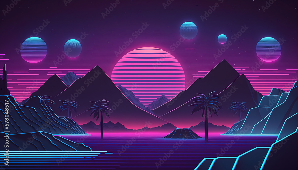 Generative AI, Retro style, nostalgic 80s, 90s. Night landscape, sunset ...