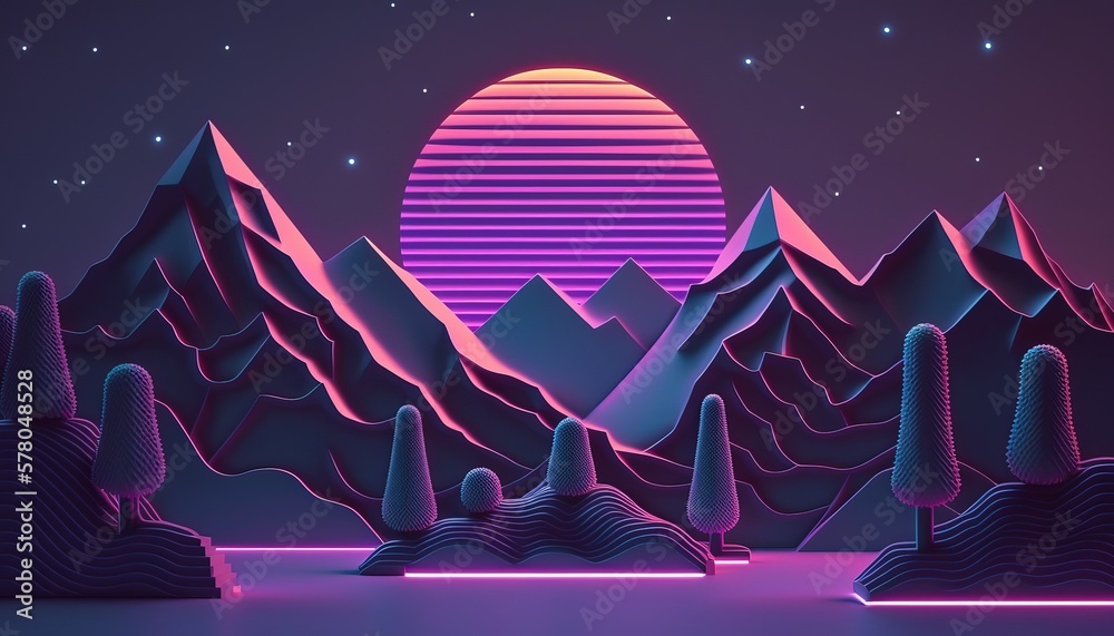 Generative AI, Retro style, nostalgic 80s, 90s. Night landscape, sunset ...