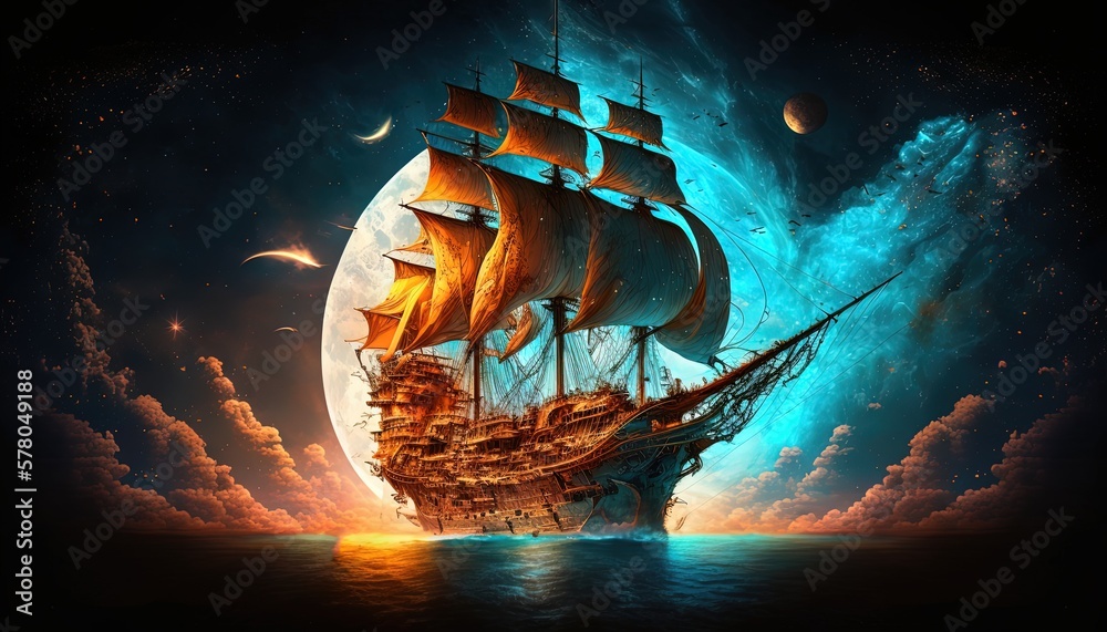 ภาพประกอบสต็อก sci-fi pirate ship sailing to the horizon, Generative Ai ... ภาพประกอบสต็อก sci-fi pirate ship sailing to the horizon, Generative Ai ...