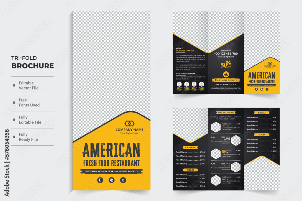 Culinary food menu tri fold brochure design with yellow and dark colors ...