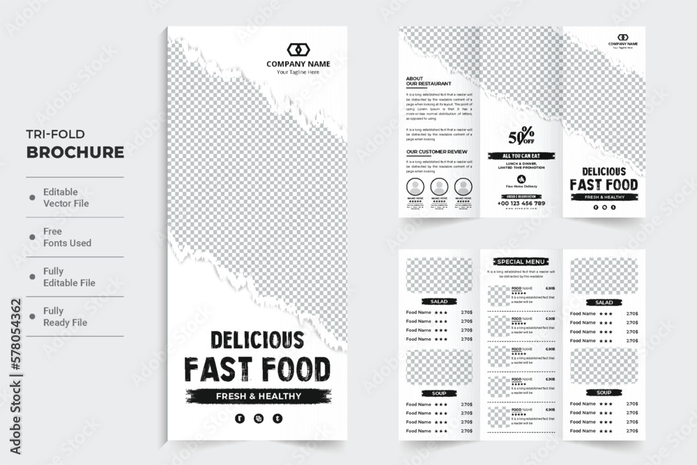 Creative food menu tri fold brochure design with brush effect on a ...