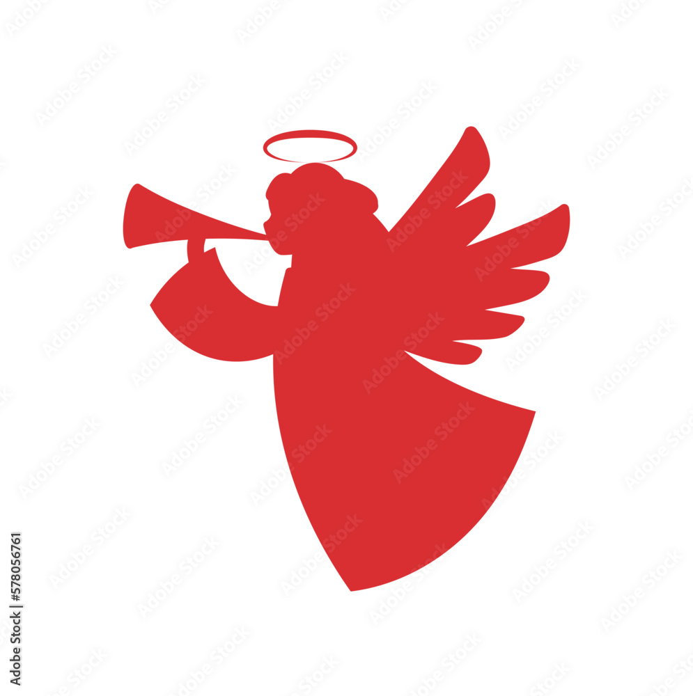 Christmas red angel. Fictional sacred character with wings and trumpet ...