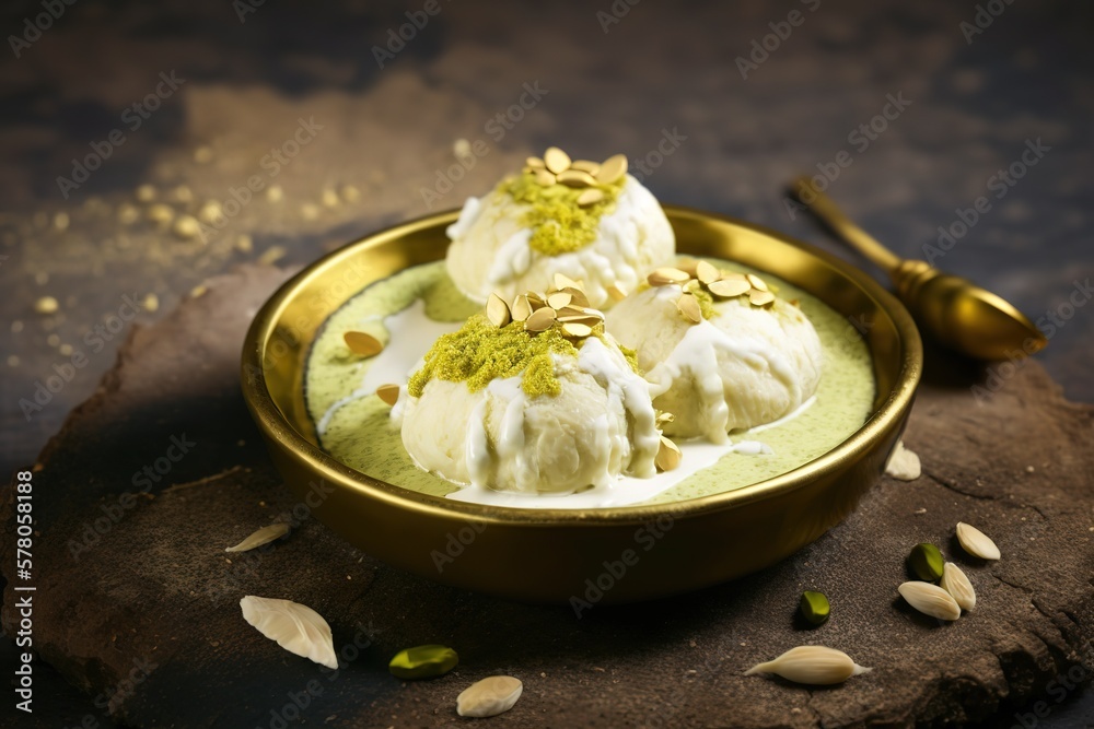 Delicious traditional sweet item called Malai Ghevar or Ghewar, an ...