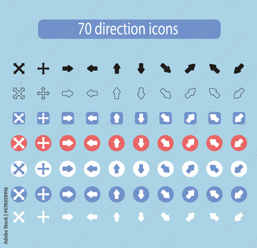 Set of 70 vector illustrations of icons of directions, arrows. Isolated ...