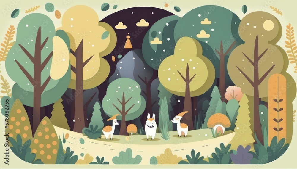 Generative AI illustration of a forest landscape with animals, trees ...