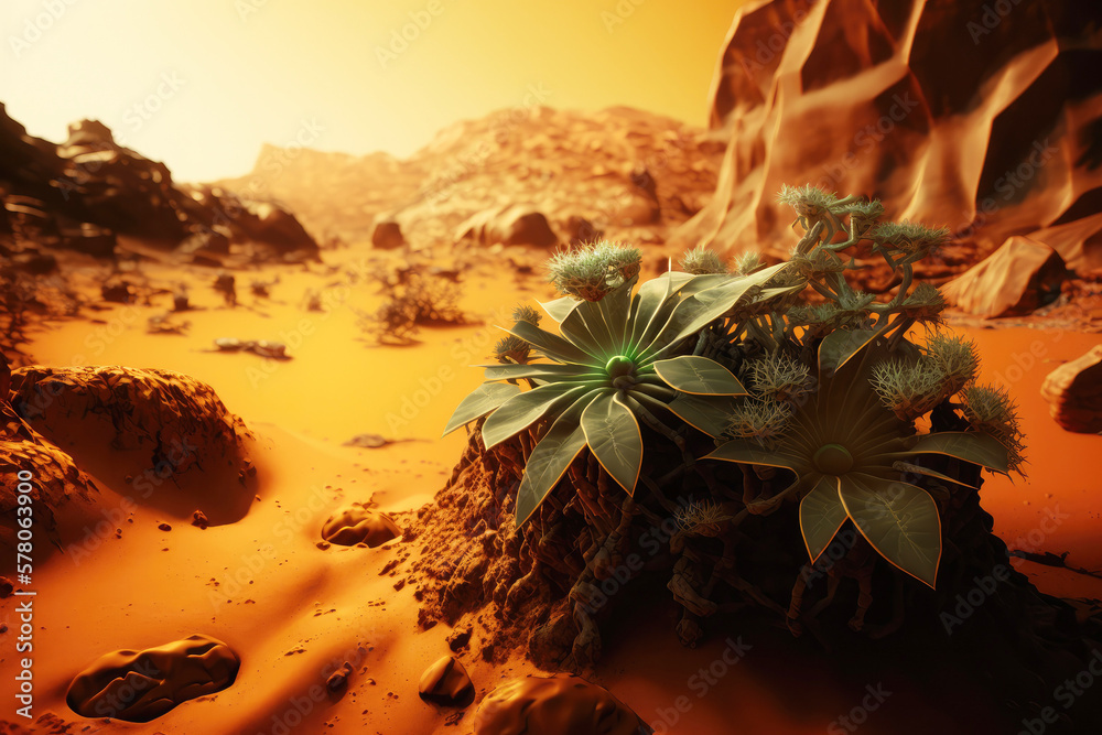 Life on Mars with a plant on the surface of the planet Mars. Created ...