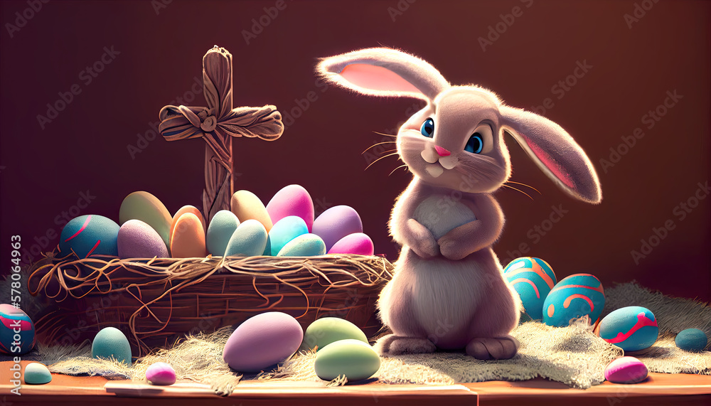 cute bunny praying with several easter eggs in a basket and a cross ...