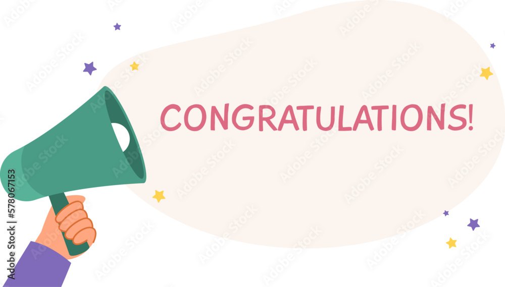 Congratulations banner with stars and megaphone in hand. Important ...