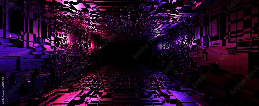 Neon techno tunnel with illumination background. Digital glowing purple ...