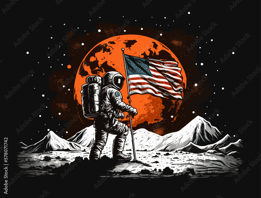 Astronaut on the moon. Flag, first, unknown, planet, usa, stars ...