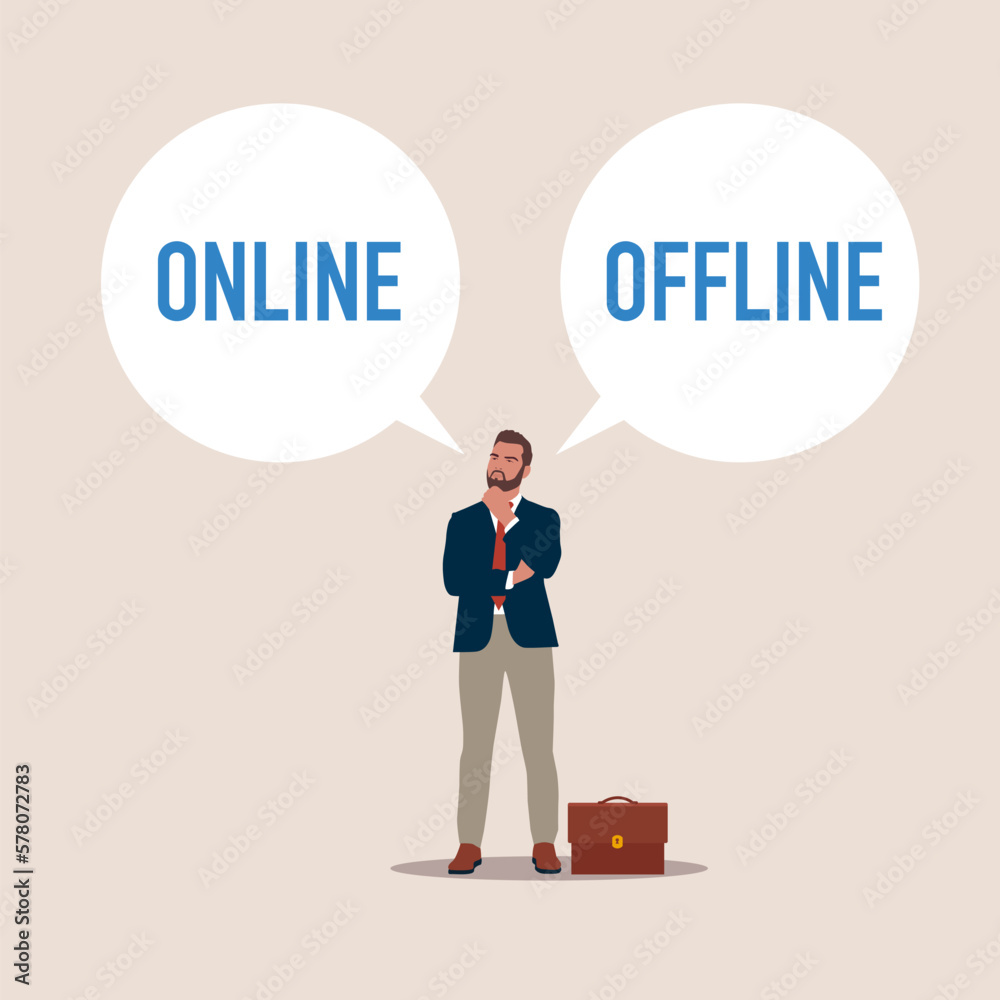 Businessman standing confuse to choose between two option online or ...