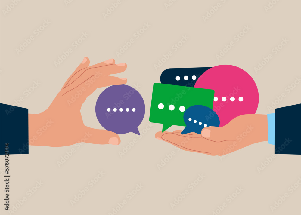 Businessman hand giving feedback speech bubble. Communication or ...