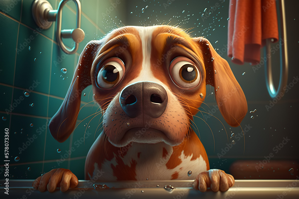 Frightened dog with funny expression and big eyes taking bath in ...