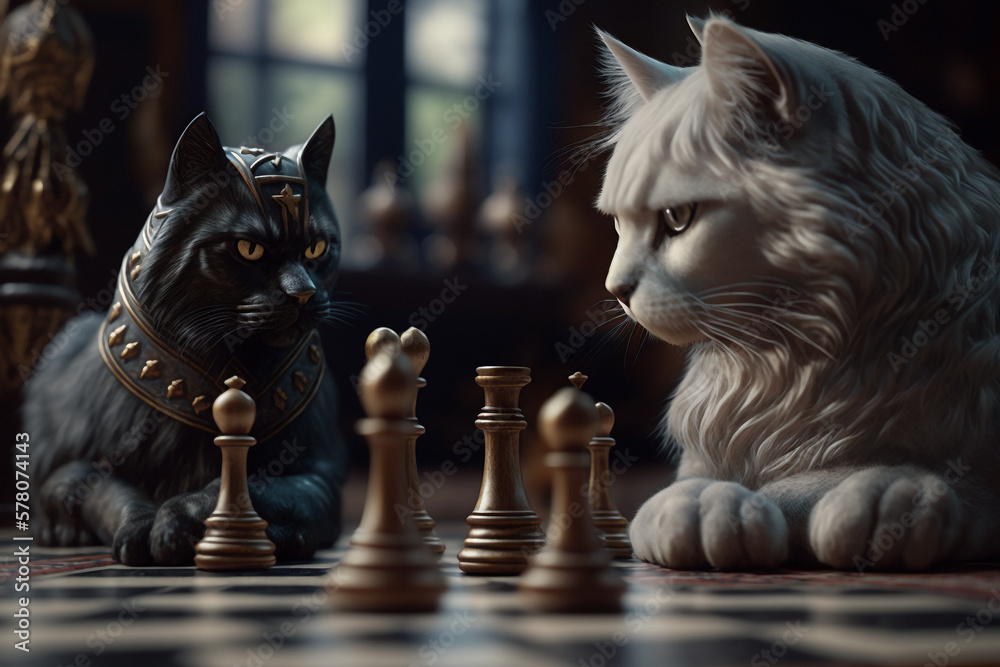 The Royal Cat King chess pieces on a chess board, winner of bussiness ...