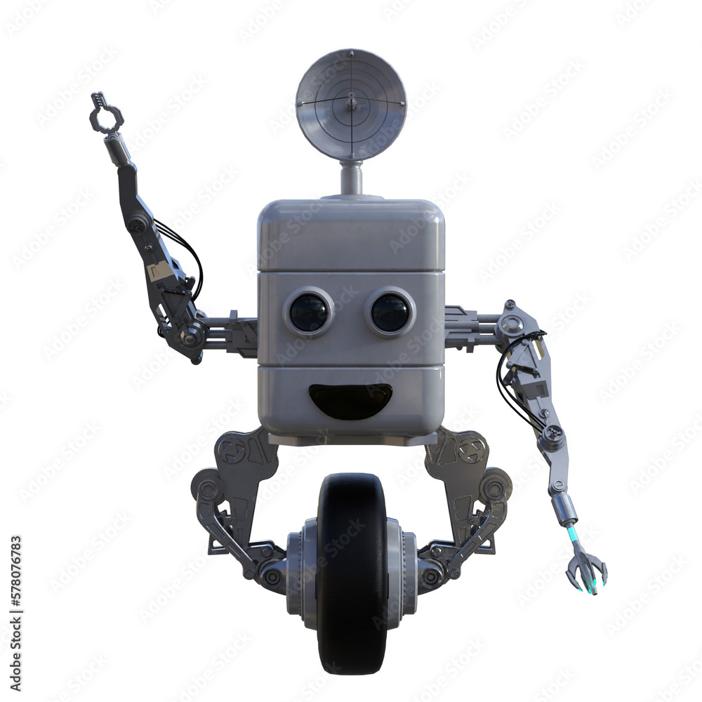 Cute little smiling white robot on a mono wheel with a radar plate on ...